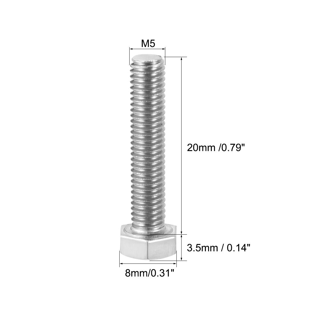 uxcell M5x20mm Hex Bolts 304 Stainless Steel Hexagon Screw Bolt 20pcs