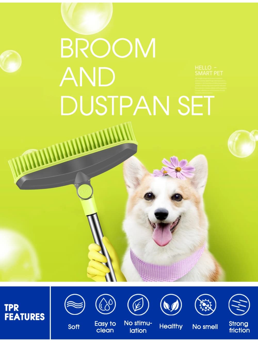 Adjustable Rubber Push Broom and Dustpan Set,Self Cleaning Indoor Outdoor Angle Brooms with Dust pan for Home,Long Handle Brooms for Floor Sweeping, Kids,Carpet Dog Cat Pets Household Brooms