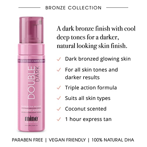 MineTan Double Dark Self Tanner Mousse - Clean Sunless Tanner For An Iconic Beach Bronze & Glowing Skin Finish, Body and Face Tanner, No Fake Tan Smell, Coconut Scented Self Tan, 200ml