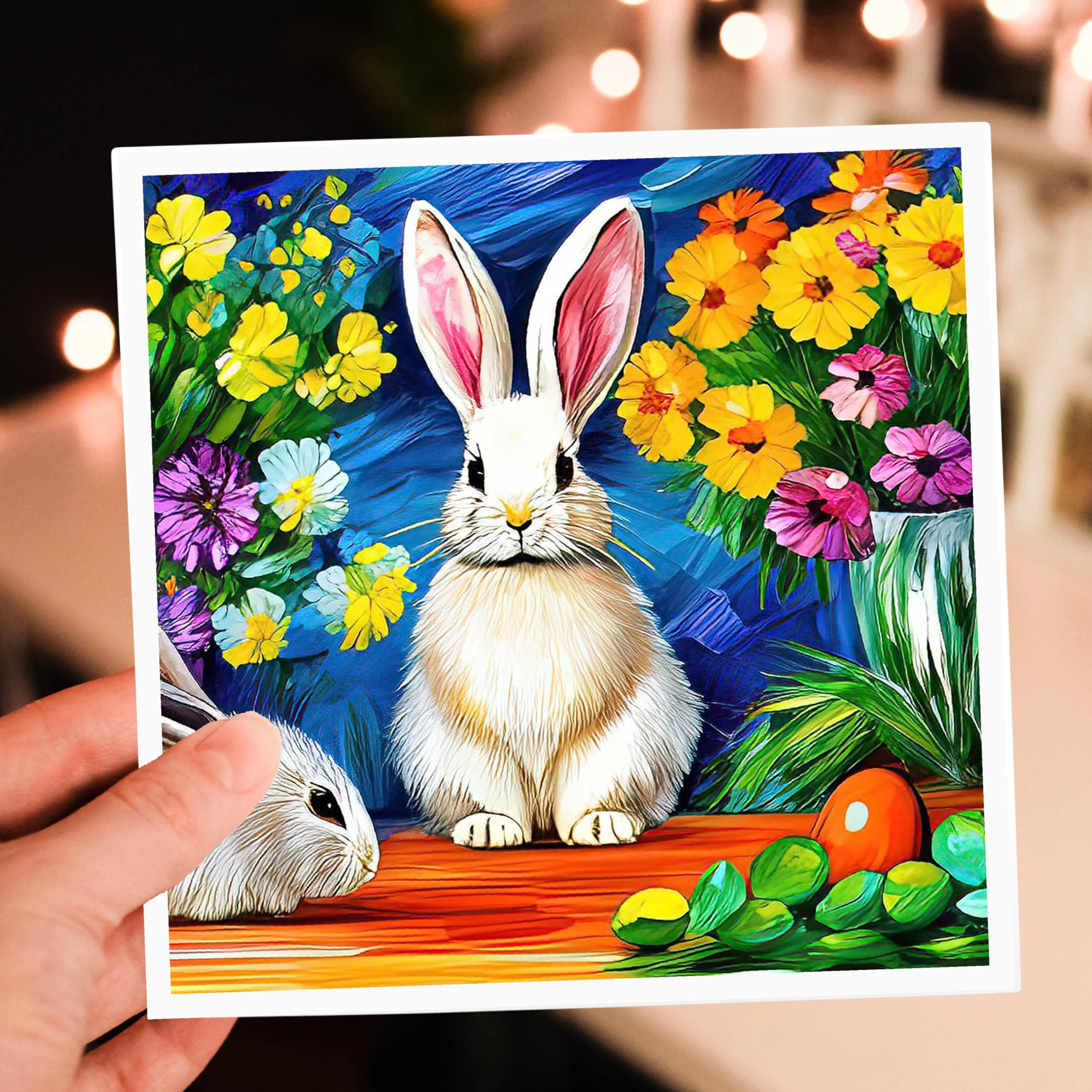 3dRose Greeting Card - Two white Easter bunnies and spring flowers. Positive gift or charm - Alexis Design - Holidays Easter