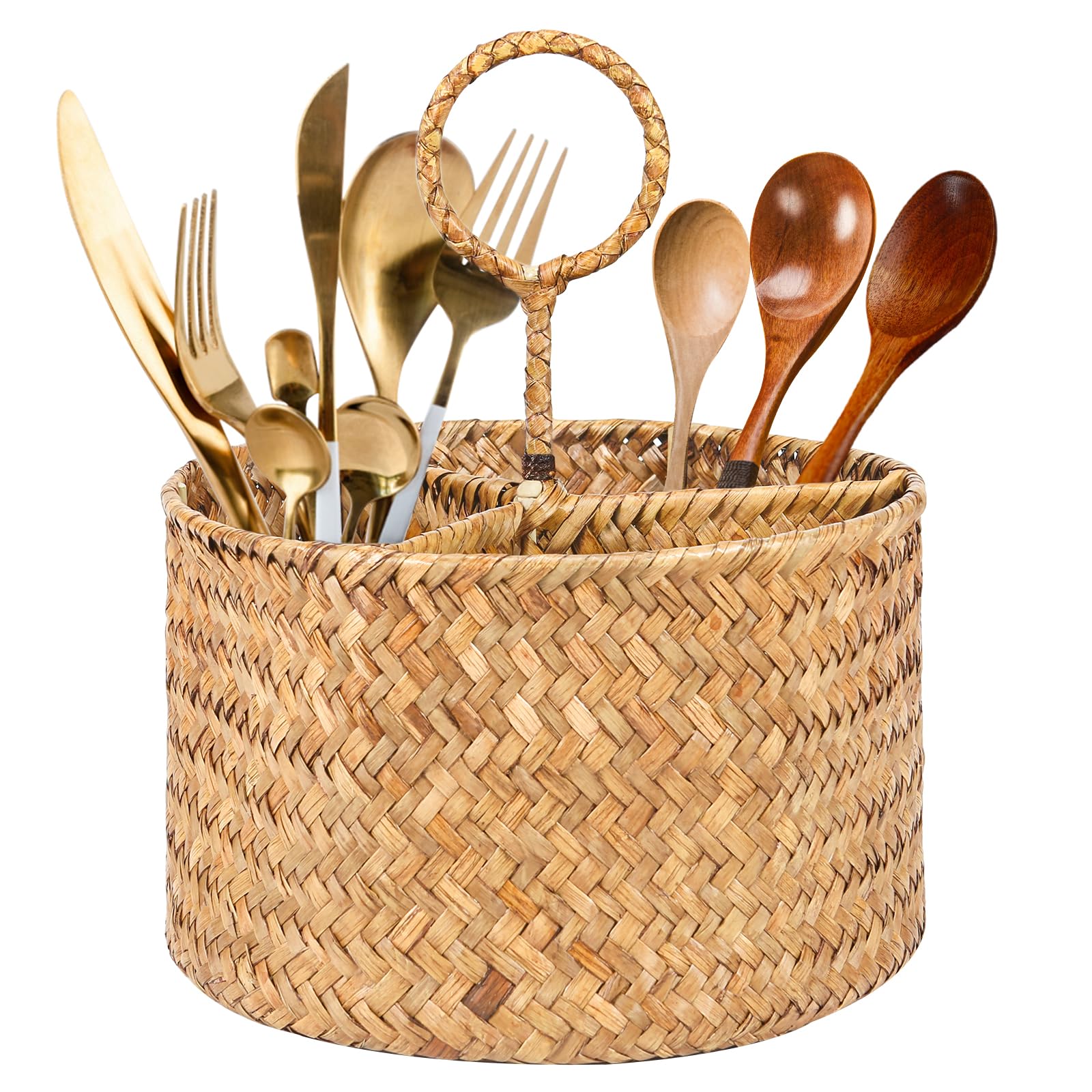 YIFANZHIBIAN Cutlery Holder, Hand-Woven Seagrass Utensil Caddy, Silverware Caddy Spoon holder, Utensil Organizer for Countertop, Flatware Caddy with Handle, Utensil Holder for Party Camping
