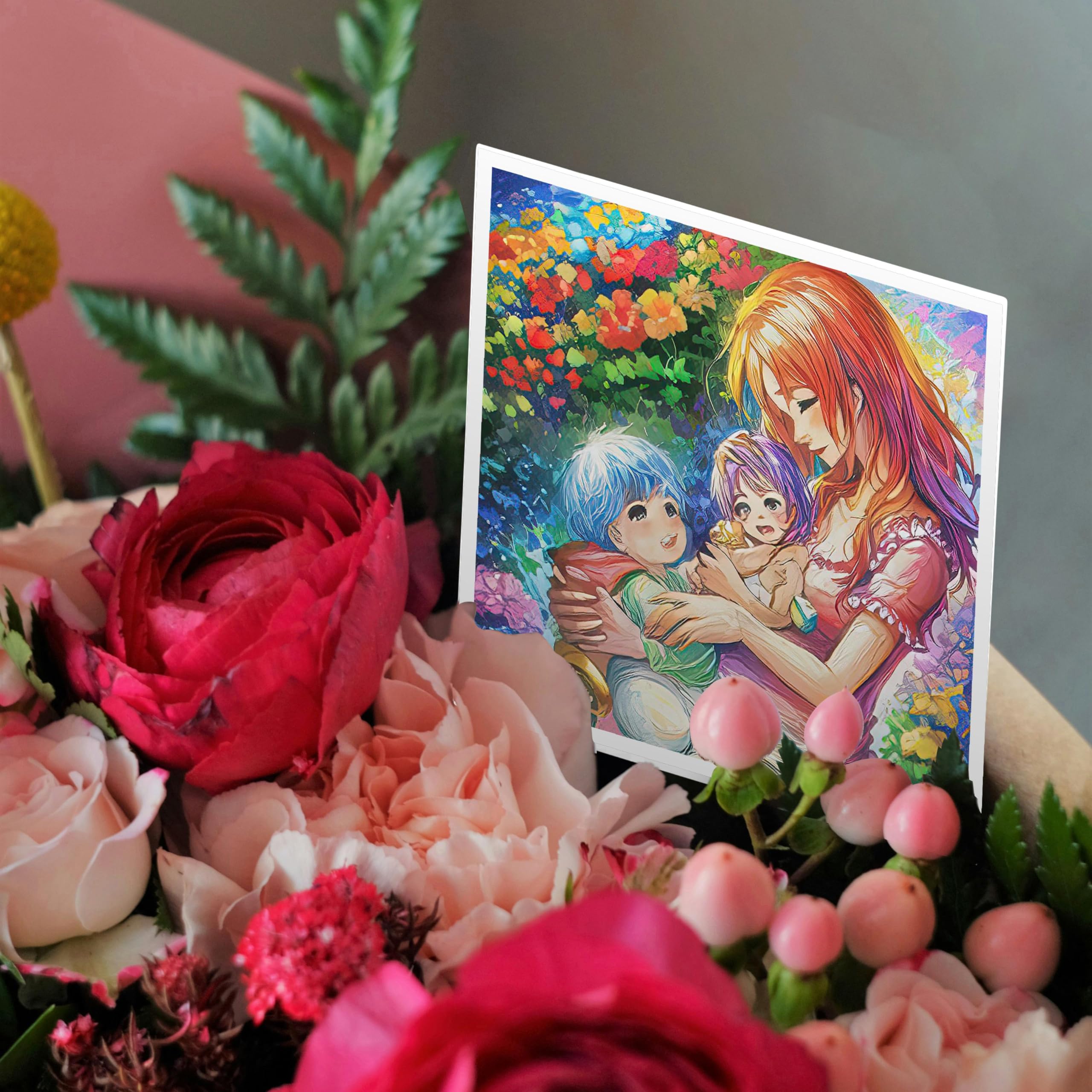 3dRose Greeting Card - A mother with two babies in the garden on a sweet spring day gift - Alexis Design - Holidays Mothers Day