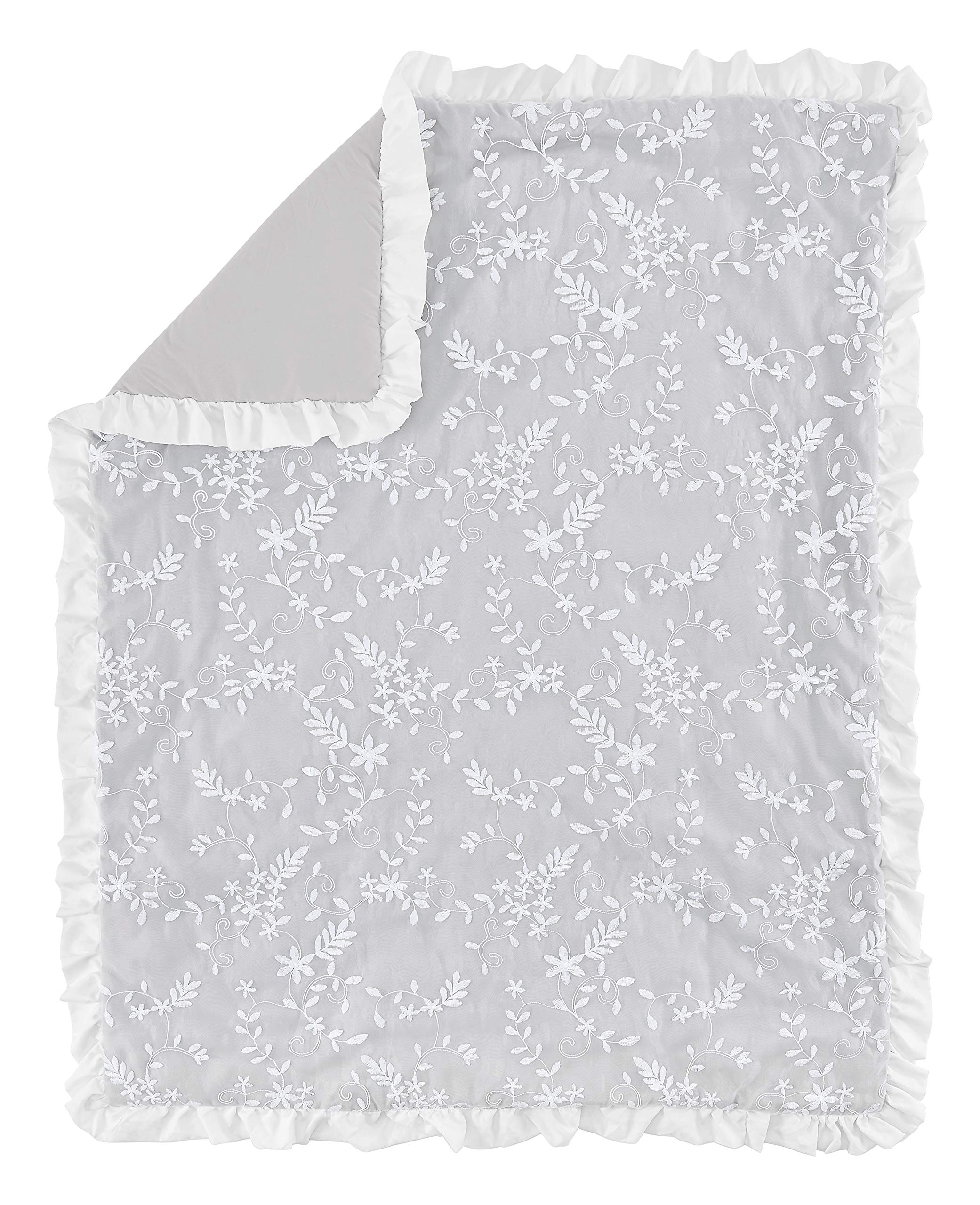 Sweet Jojo Designs Grey Floral Vintage Lace Baby Girl Nursery Crib Bedding Set - 4 Pieces - Solid Light Gray Crinkle Crushed Velvet Luxurious Elegant Princess Boho Shabby Chic Luxury Flower Ruffle