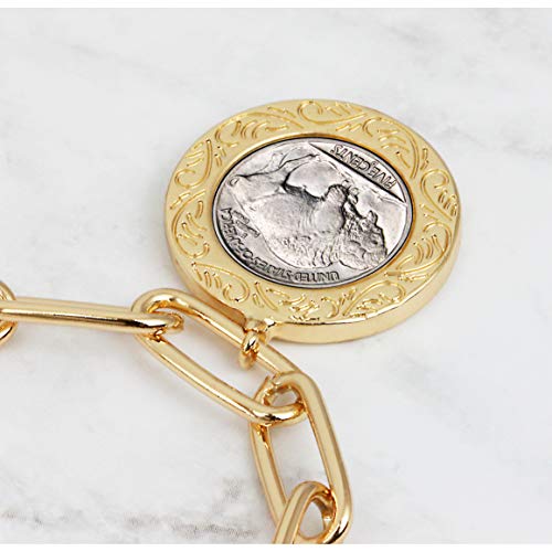 Buffalo Nickel Coin Elongated Link Bracelet | Goldtone Clip Style | 7 Inch 3 Inch Extender with Lobster Claw Clasp | Certificate of Authenticity