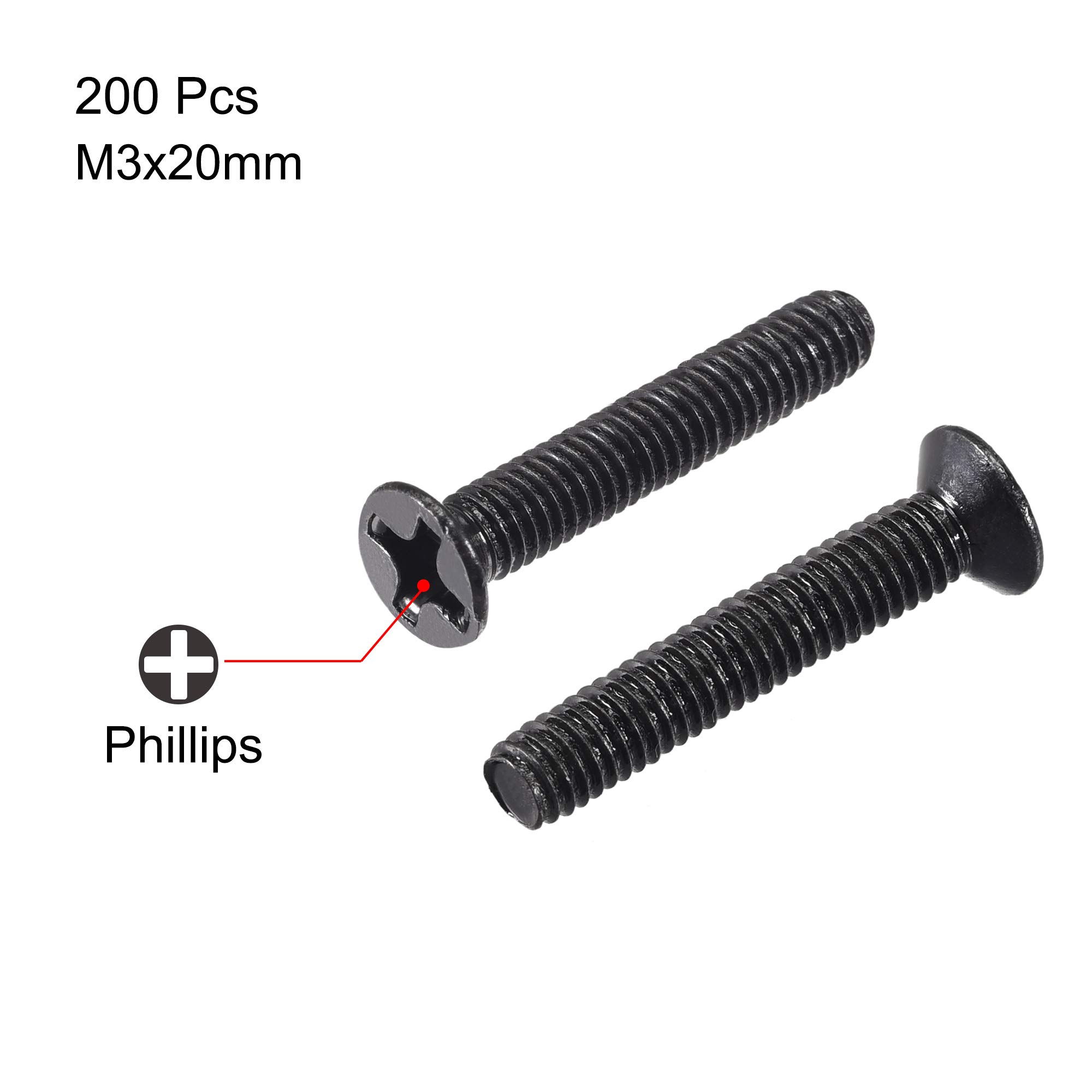 uxcell M3 x 20mm Phillips Screw Fastener Black for Laptop PC TV Fan Switch 200pcs