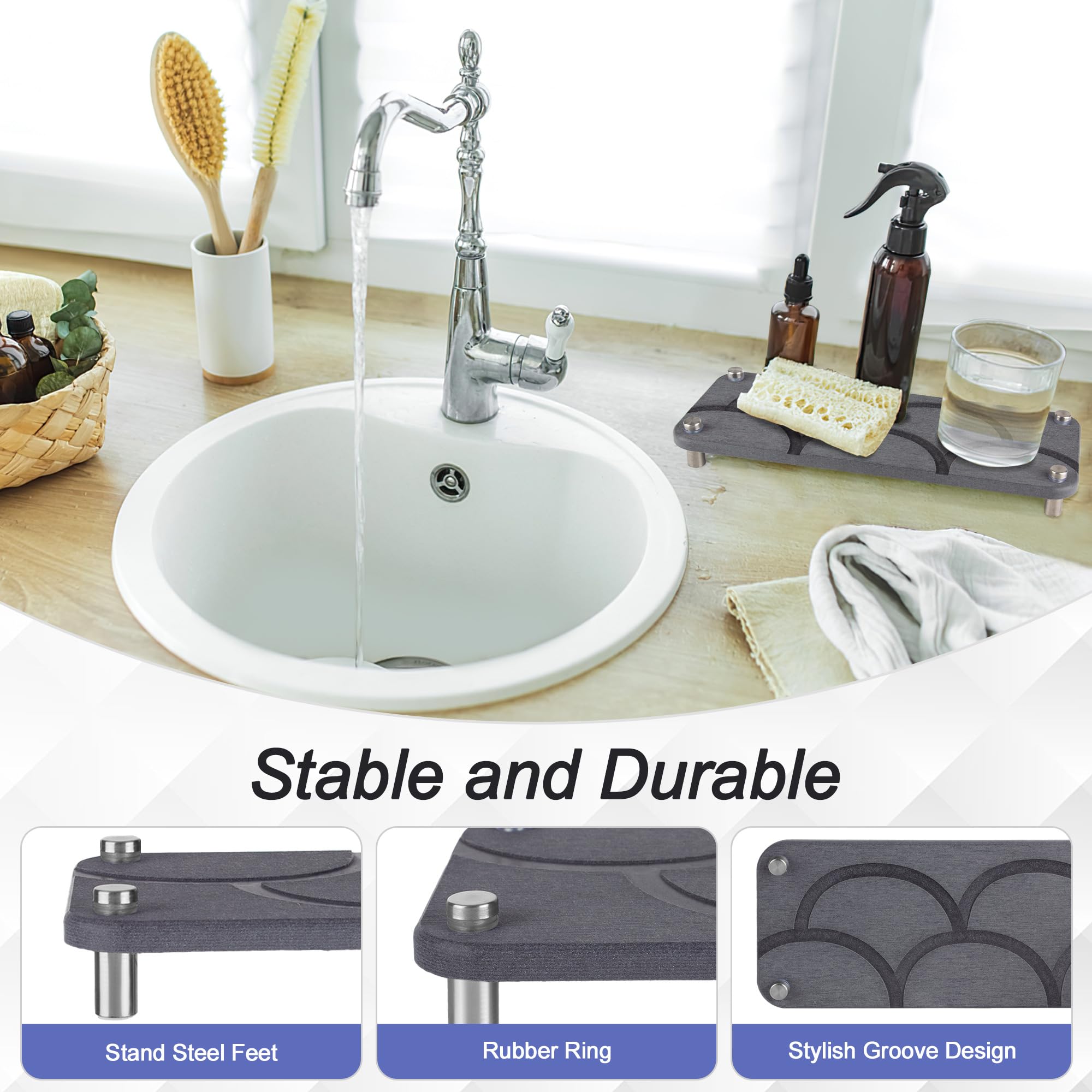 Yukee 4PCS Instant Dry Sink Caddy Kitchen Sink Organizer Stone Drying Tray, Water Absorbing Stone Tray for Sink Sponge Holder, Diatomaceous Earth Bathroom Tray Countertop Vanity Tray