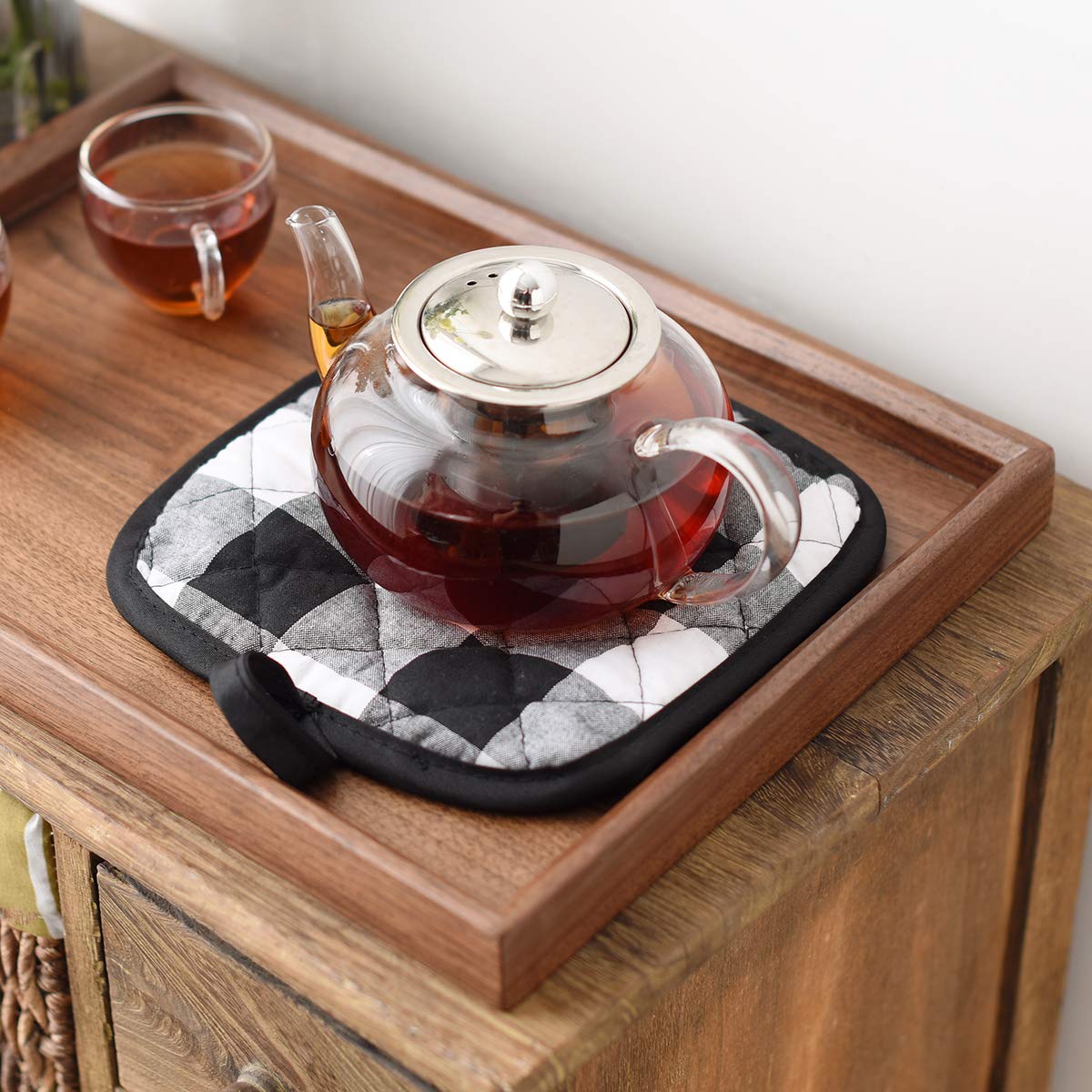 6 Pieces 100% Cotton potholders for Kitchens ， Heat Resistant with Pocket for Easy Grip. (Black Plaid)