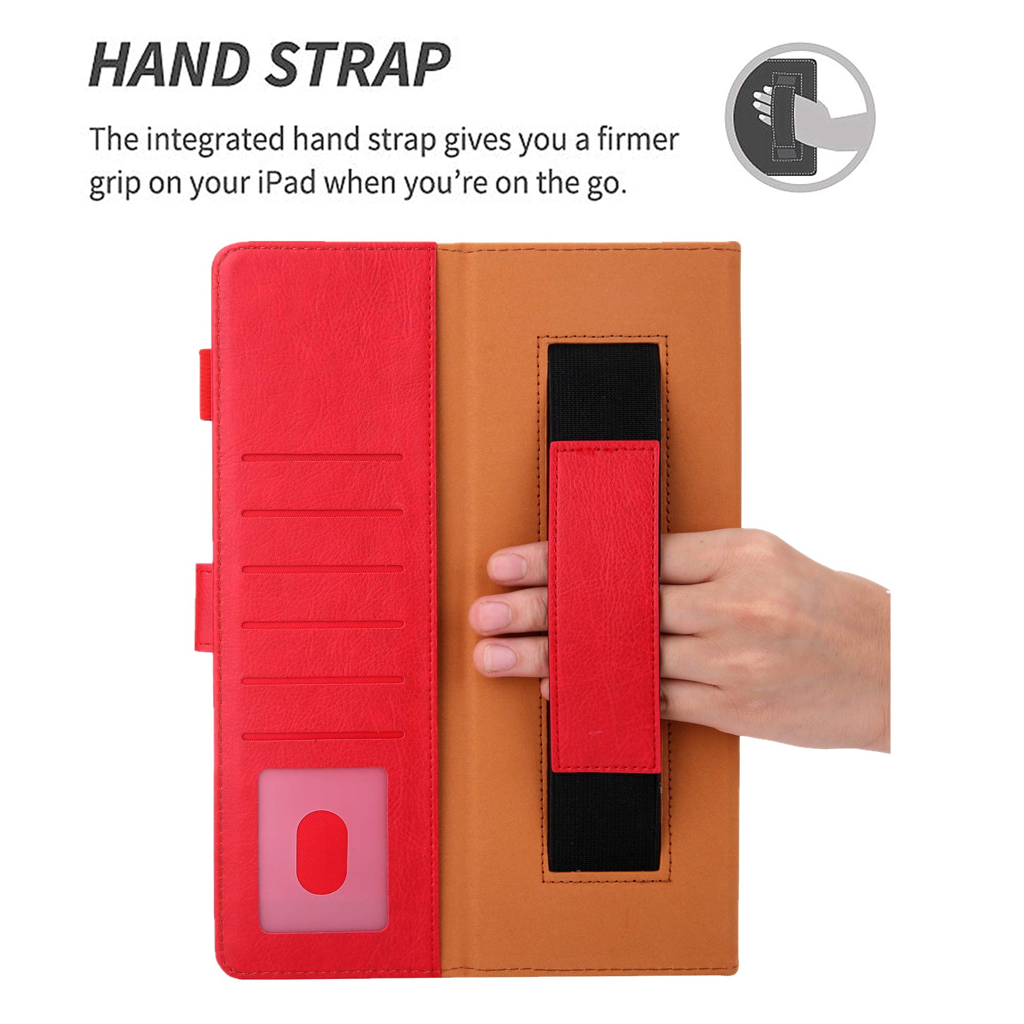 UUcovers Case for Apple iPad 10.2" 9th/8th/7th Generation (2021/2020/2019) & iPad Air 3 10.5 Inch (3rd Gen) & iPad Pro 10.5 Cover with Hand Strap Stand [Pencil Holder] Pocket [Auto Sleep/Wake], Red