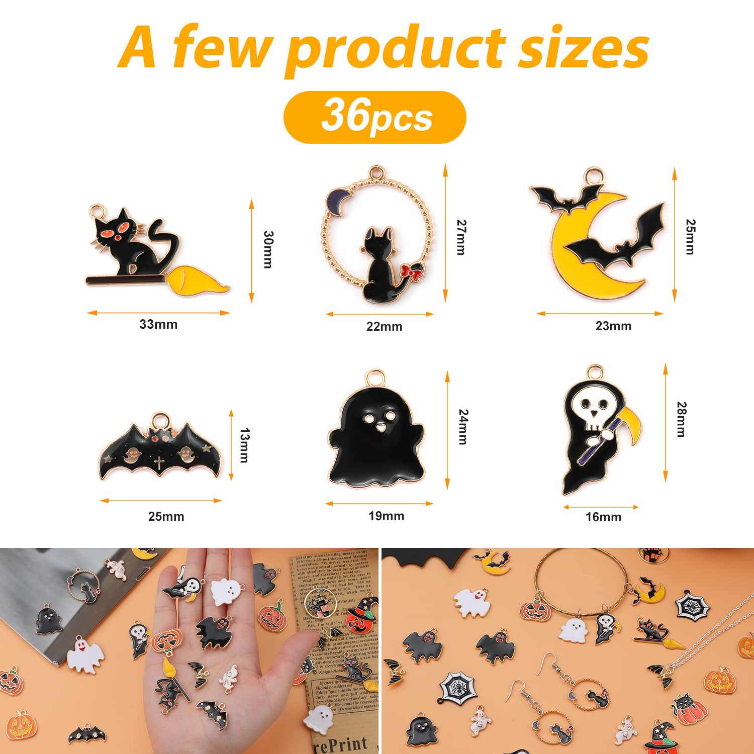 AIEX 36pcs Halloween Charms, Enamel Pendant Halloween Pumpkin Ghost Bat Charms for Earrings Necklace Bracelet Jewelry Making DIY Craft Decorations