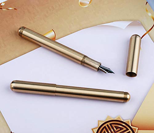 Lanxivi Brass Fountain Pen EF Bent Nib 0.7mm,Travel Pocket Fude Pen, Unique Style Bullet Shape with Metal Box