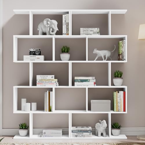 Cozy Castle Set of 2 Geometric Bookcase, S-Shaped Modern Bookshelf, Room Divider Bookshelf, 62" Tall Unique Abstract Bookcase with 5-Tier Display Shelf for Living Room Office, White