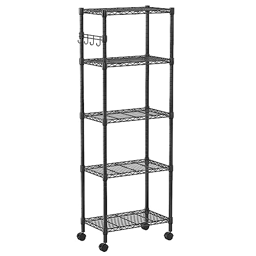 Homdox 5 Tier Wire Shelving Unit on Wheels, Adjustable Storage Racks and Shelving, Heavy Duty Rolling Metal Shelves with Side Hooks for Laundry Bathroom Kitchen Garage Pantry Organization, Black