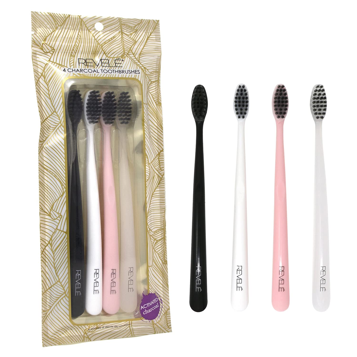 Revele: Pack of 4 Dentist Approved Charcoal Infused Toothbrushes, Clean and Sleek, 4 Colors, Toothbrushes for Men and Women