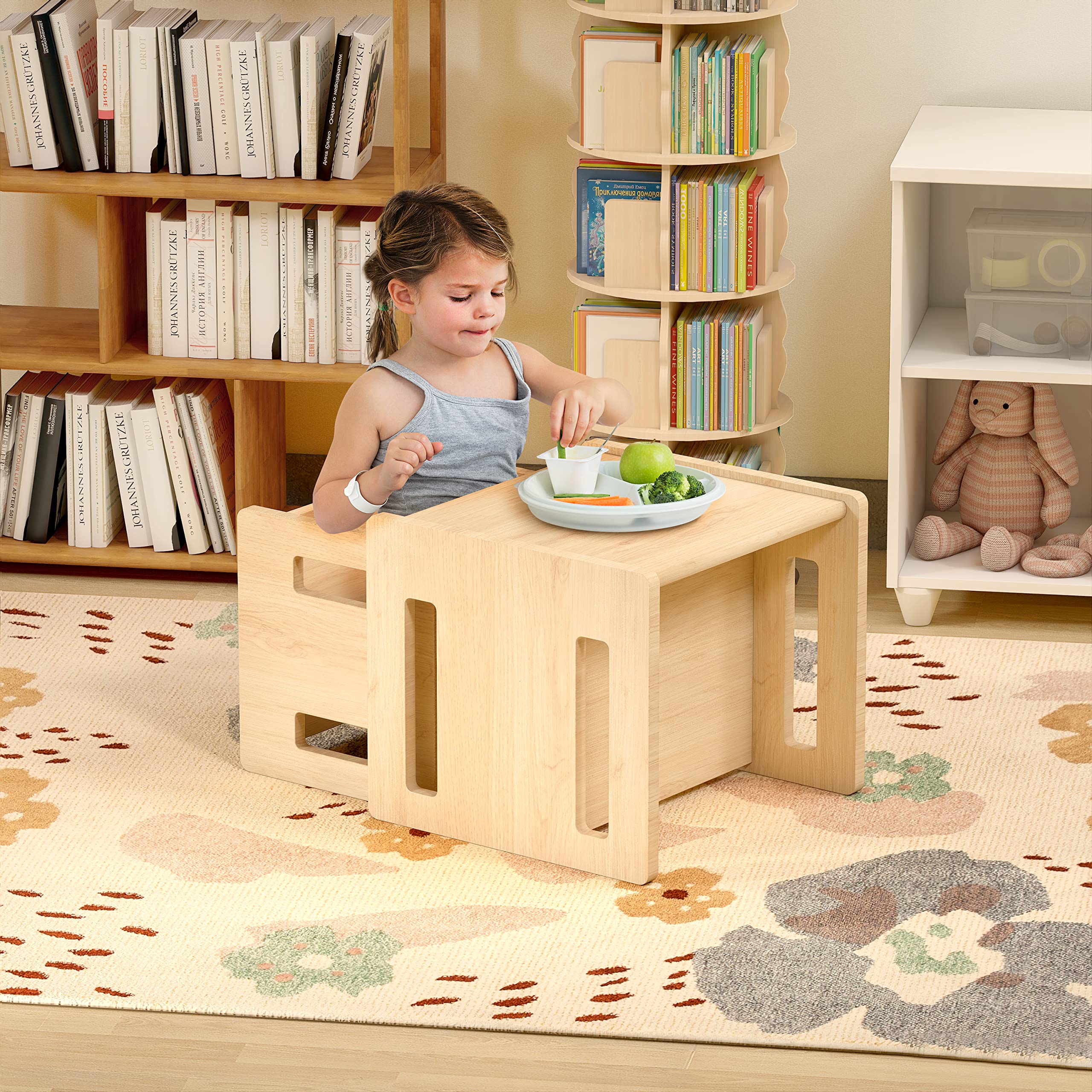 iyrany Montessori Weaning Table and Chair, Kids Table and Chair Set, Solid Wooded Toddler Table, Cube Chairs for Toddlers - Real Hardwood