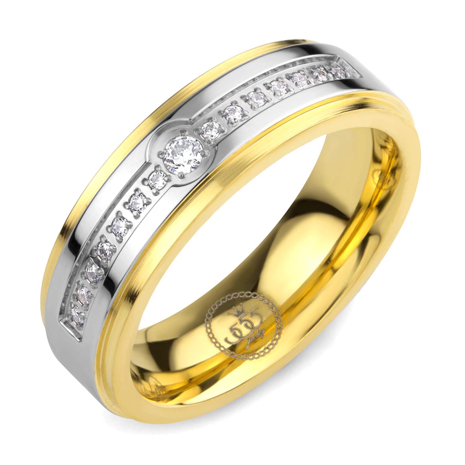 555Jewelry 6mm Wide Stainless Steel CZ Rings for Women, CZ Rings for Women, Unisex Cubic Zirconia Wedding Band, CZ Engagement Rings for Women & Men, Silver & Gold, Size 5