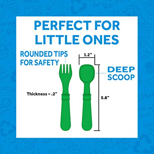 Re-Play -Made in USA - 5 Piece Toddler Feeding Set Flat Plate, Silicone Storage Lid, Utensils - Made from Environmentally Friendly Recycled Milk Jugs - Aqua