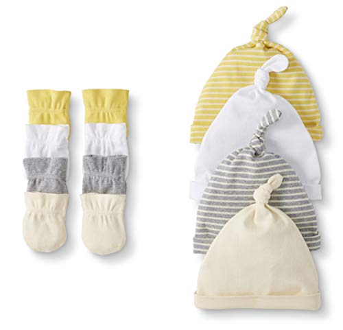 Moon and Back by Hanna Andersson Baby 4-Pack Organic Cotton Cap and Mitten Set, Yellow, 0-3 months