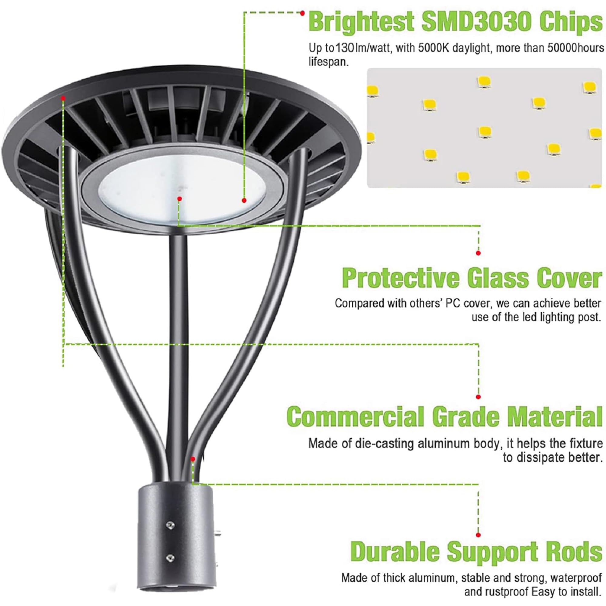 LED Post Top Pole Light with Dusk to Dawn Photocell, 20W/30W/40W/60W Wattage Selectable, 3000K/4000K/5000K CCT Tunable, LED Garden Area Lights for Pathway IP65 Waterproof