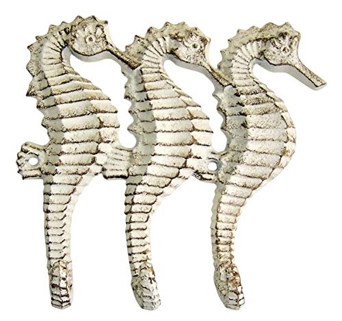 Large Rustic White Cast Iron Sea Horse Wall Hooks, 8 3/4 Inch