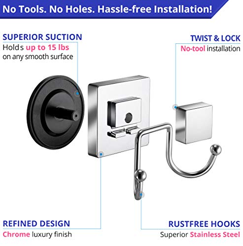 HOME SO Suction Cup Hooks for Shower, Bathroom, Kitchen, Glass Door, Mirror, Tile β Loofah, Towel, Bath Robe Removable Hook Holder β Prisma Collection, Stainless Steel Chrome (2-Pack)β¦