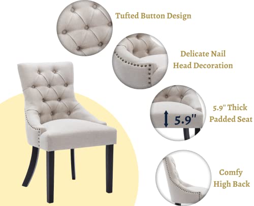 EALSON Set of 2 Linen Dining Chairs Elegant Tufted Back with Nailed Trim Home Kitchen Dining Room Chairs Armless Accent Side Chairs Solid Rubber Wood Legs, Set of 2 (Beige)