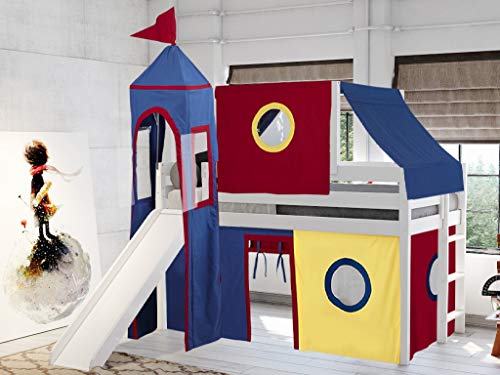JACKPOT! Castle Low Loft Bed with Slide Red & Blue Tent and Tower, Loft Bed, Twin, White