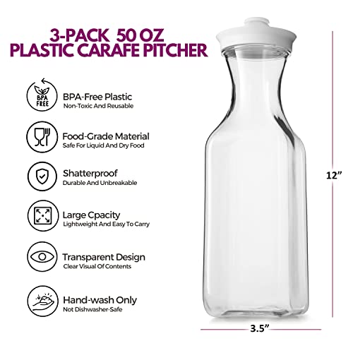 DilaBee Plastic Water Pitcher With Lid (50 Oz) Square Carafe Pitchers for Drinks, Milk, Smoothie, Iced Tea, Mimosa Bar Supplies - Juice Containers with Lids for Fridge - Food Grade BPA-Free (3-Pack)