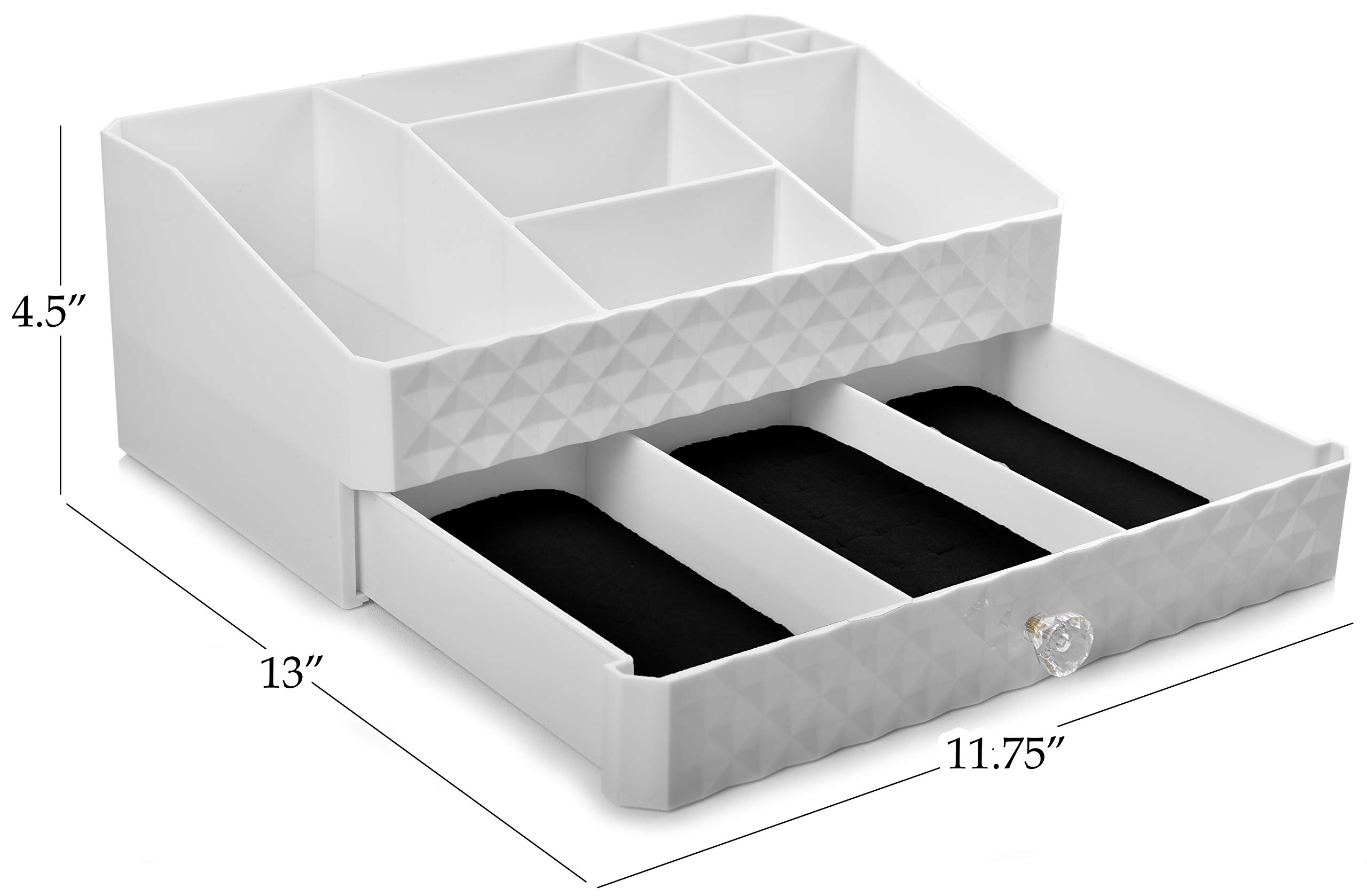 Masirs Cosmetic Storage Box Organizer - Compartments to Organize and Store your Makeup and Accessories. Drawer with Padding to Protect Jewelry. Will Sit Neatly on Vanity or Bathroom Countertop.