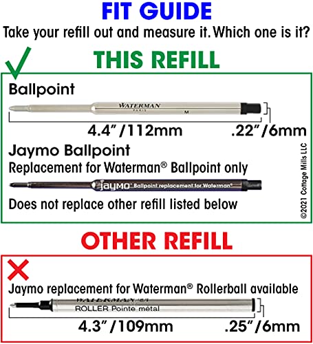 Jaymo Replacement for Waterman 834264 - Measures 4.4 in / 112 mm Long - Ballpoint Pen Refill - 2 Blue