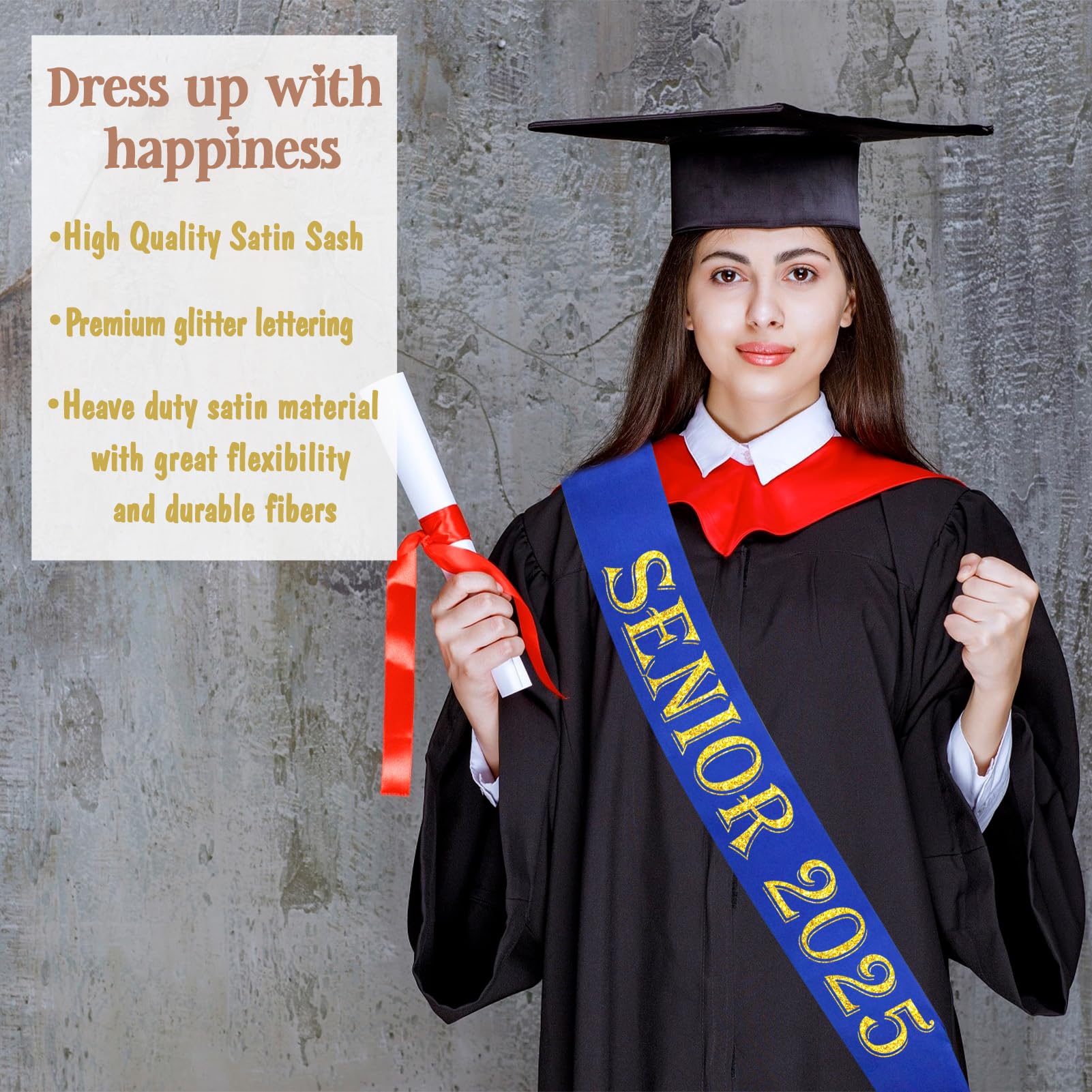 8 Pack Senior 2025 Sash, Gold Glitter Royal Blue Satin Finally Graduated Senior Cheerleader Sashes for Class of 2025 Graduation Party Supplies