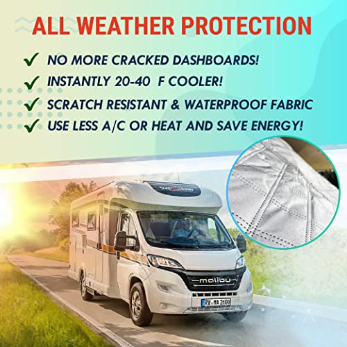 LATCH.IT RV Windshield Cover Class C | RV Front Windshield Cover Class C Compatible with Ford 1997-2023 | Class C Motorhome Windshield Cover w/Upgrade Mirror Cutouts and Elastic Corner Bands