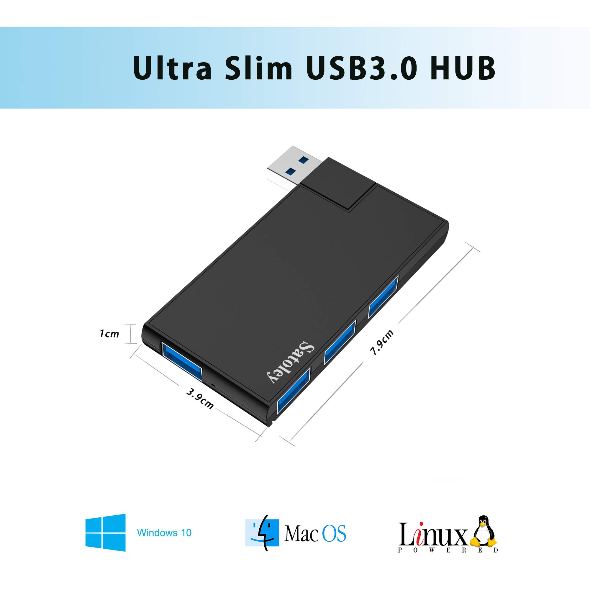 USB 3.0 HUB, Satoley Slim USB HUB 4 Port Aluminum USB Adapter with Rotating USB Connection for Surface Pro Laptop, Notebook PC, MacBook and More, Black