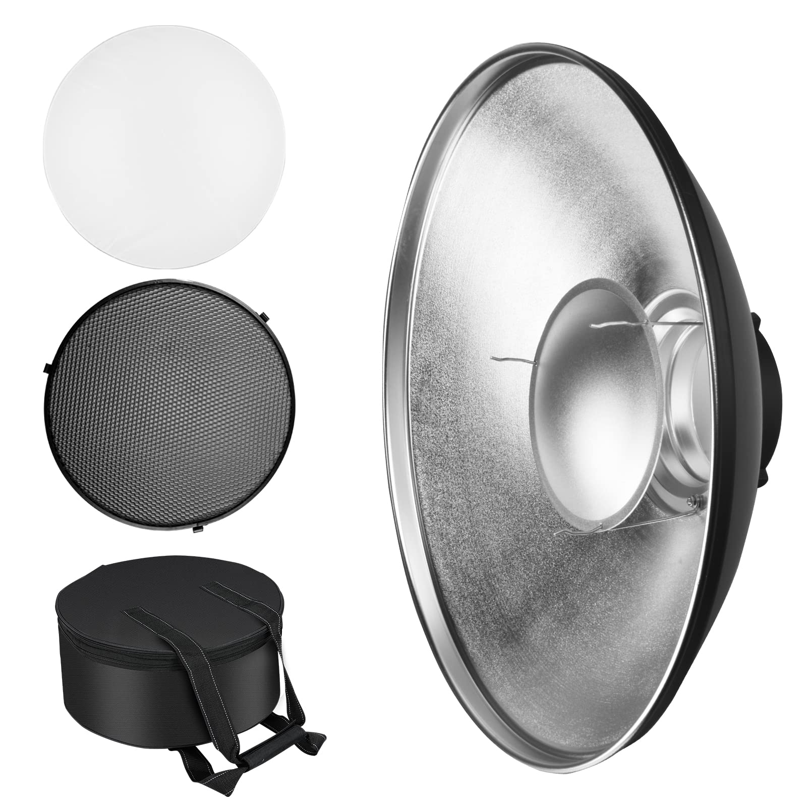 Soonpho 16 inch/42cm Standard Reflector Beauty Dish with Honeycomb Grid, Diffuser Sock and Bag,for Bowens Mount Studio Strobe Flash Light Like Neewer VC-400HS VE-300 Godox AD200 AD180 AD360(Silver)