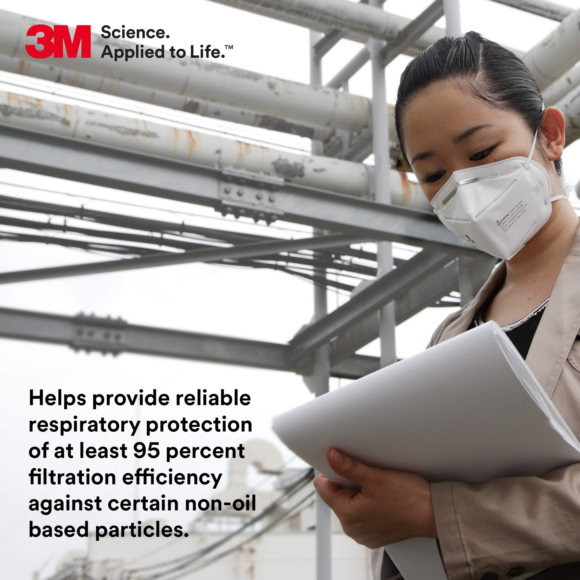3M N95 Disposable Respirator, 9010, Pack of 50, Flat Fold, Individually Packaged, NIOSH Approved, Advanced Electrostatic Media, Stapled Headband, Soft Inner Layer