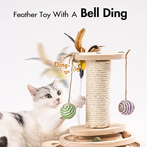 Cat Toy 2-Layer Turntable Cat Ball Toy with Feather,Kitten toys Interactive Cat Toy with Eight Interactive Balls and Two Sisal Dangling Balls,Cat Scratching Post for Indoor Cats and Kittens (Ball)
