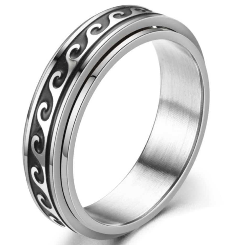 6mm Stainless Steel Rotating Spinner Ocean Wave Patterns Wedding Promise Anniversary Valentines Ring (Silver Black, 9)
