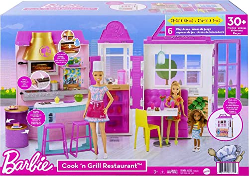 Barbie Cook ‘n Grill Restaurant Playset with 30+ Pieces & 6 Play Areas Including Kitchen, Pizza Oven, Grill & Dining Booth, Gift for 3 to 7 Year Olds