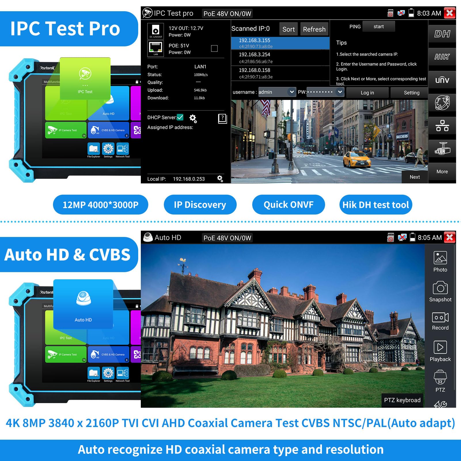 Rsrteng IP Camera Tester, IPC-5100 Plus 8MP AHD CVI TVI CVBS IP Camera Test 4K HD Display Video Monitor 5inch IPS Touch Screen IPC Tester Support POE PTZ W-i-F-i RS485 HDMI & VGA Input DC12V Output