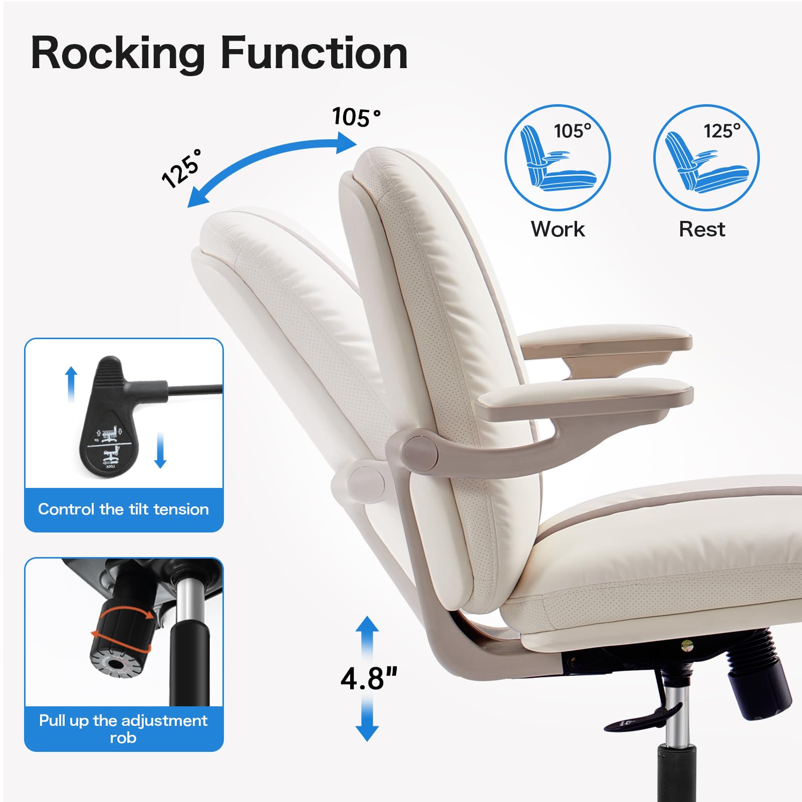 LEAGOO Home Office Desk Chairs with Wheels, Small Desk Chair with Mid-Back, Comfy Flip-up Arms Adjustable PU Leather Swivel Computer Chair, Ergonomic Task Chair for Space Saving, Bedroom, Study, White
