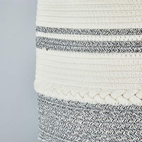 Laundry Basket Woven Cotton Rope Large Clothes Hamper 16" D x 25" H, Tall Basket with Extended Cotton Handles for Storage Clothes Toys in Bedroom, Bathroom, Foldable White and Gray by Gecious