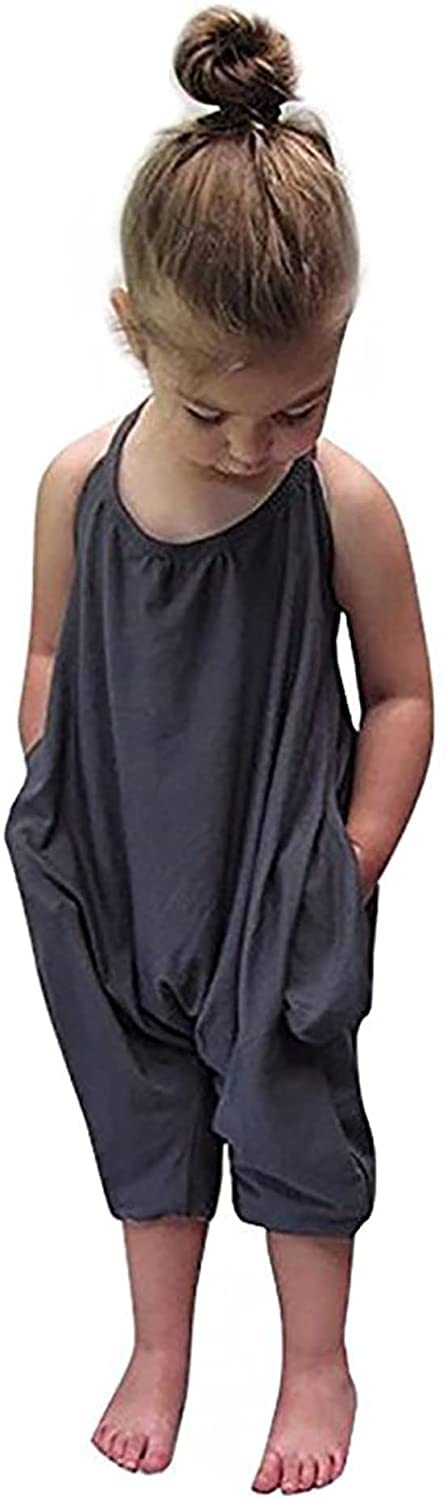 Darkyazi Baby Summer Jumpsuits for Girls Kids Cute Backless Harem Strap Romper Jumpsuit Toddler Pants Size 2-8Y (5T, Grey)