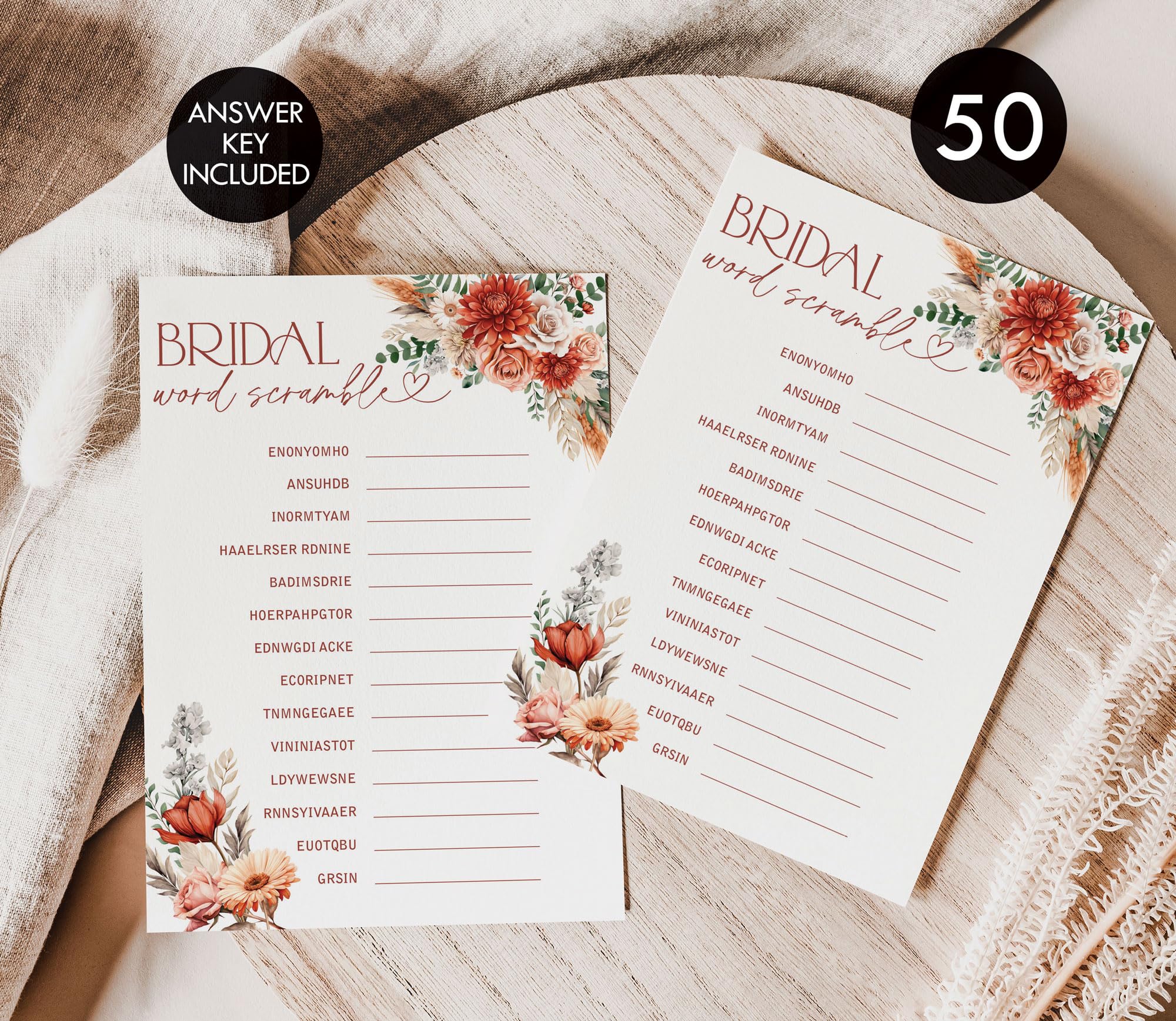 All Ewired Up 50 Bridal Word Scramble (50-Cards) Terracotta Fall in Love, Fun Wedding Shower Decorations Engagement Party Rehearsal Dinner Game Activity, Autumn Burnt Orange Marsala