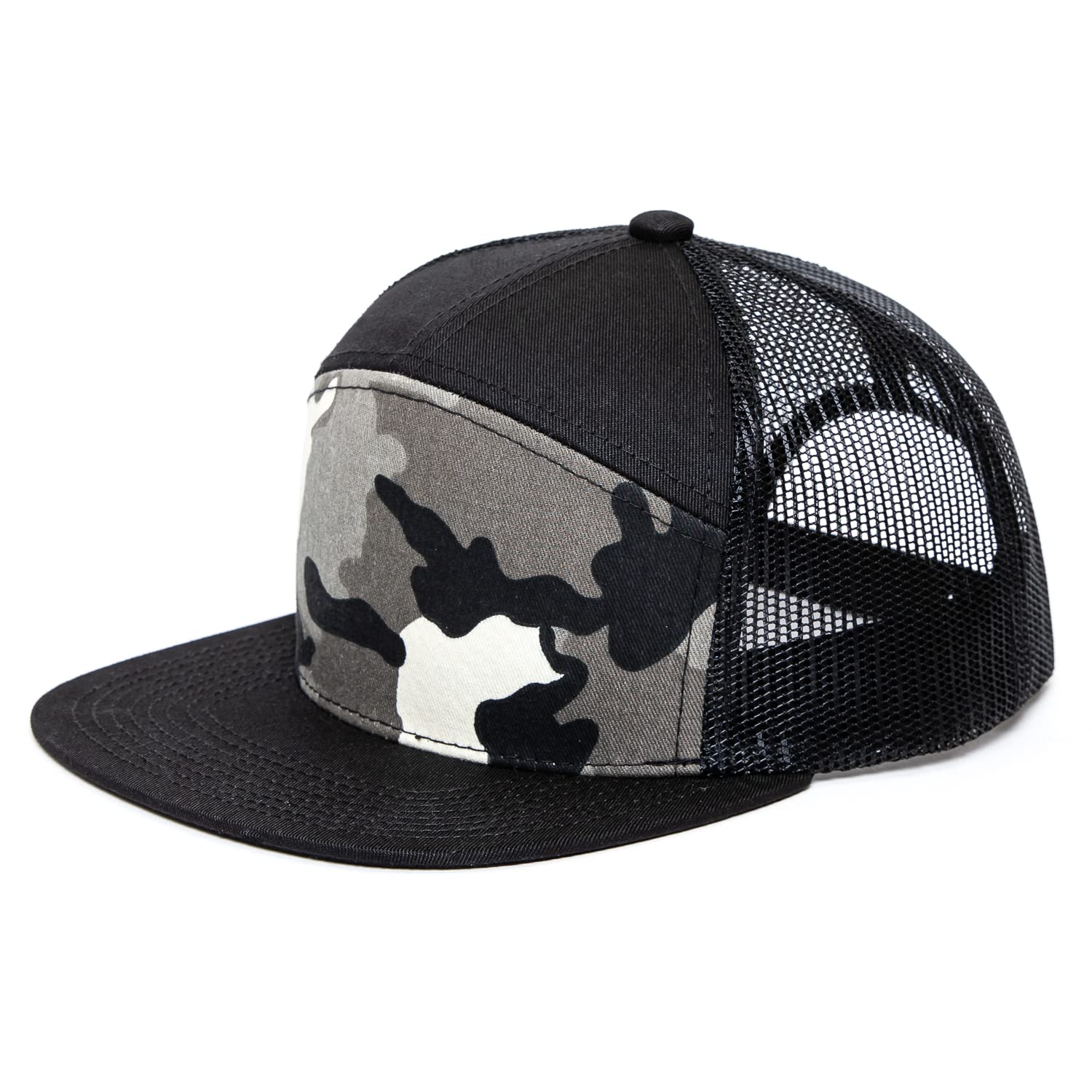 7 Panel Snap Back Flat Bill with Adjustable snap (Black) (Black camo with Black mesh)