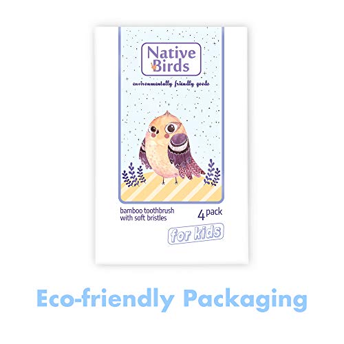 Native Birds Kids Bamboo Toothbrush with Soft Bristles, Set of 4 Eco Friendly Toothbrushes, BPA Free, Designed in Ukraine