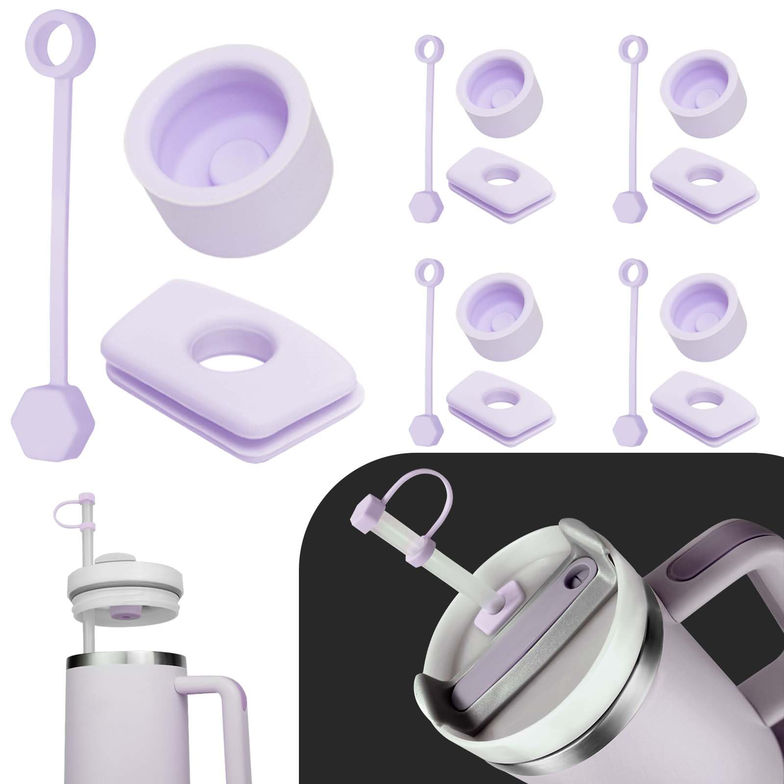 GAUDIE Silicone Spill Stopper Set of 4, Cup Accessories for Stanley 30/40 oz, Including Straw Cover Cap, Square Lid Stopper & Round Leak Stopper Plug (Purple)