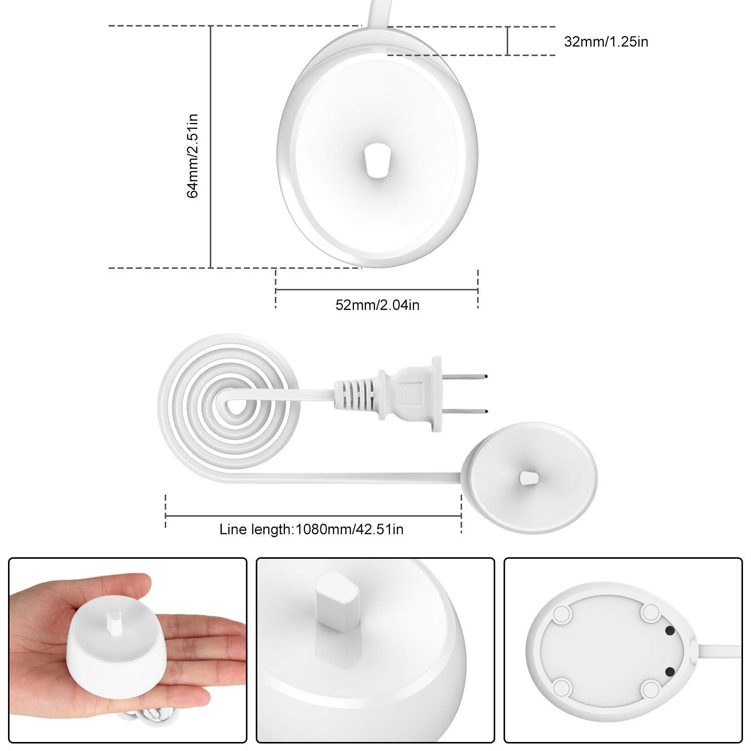 Electric Toothbrush Charger Base, Toothbrush Replacement Charger for Model 3757, Portable Travel Inductive Charger with ABS Cable, Model 3709, 3756, AC Powered, White (110-220V)