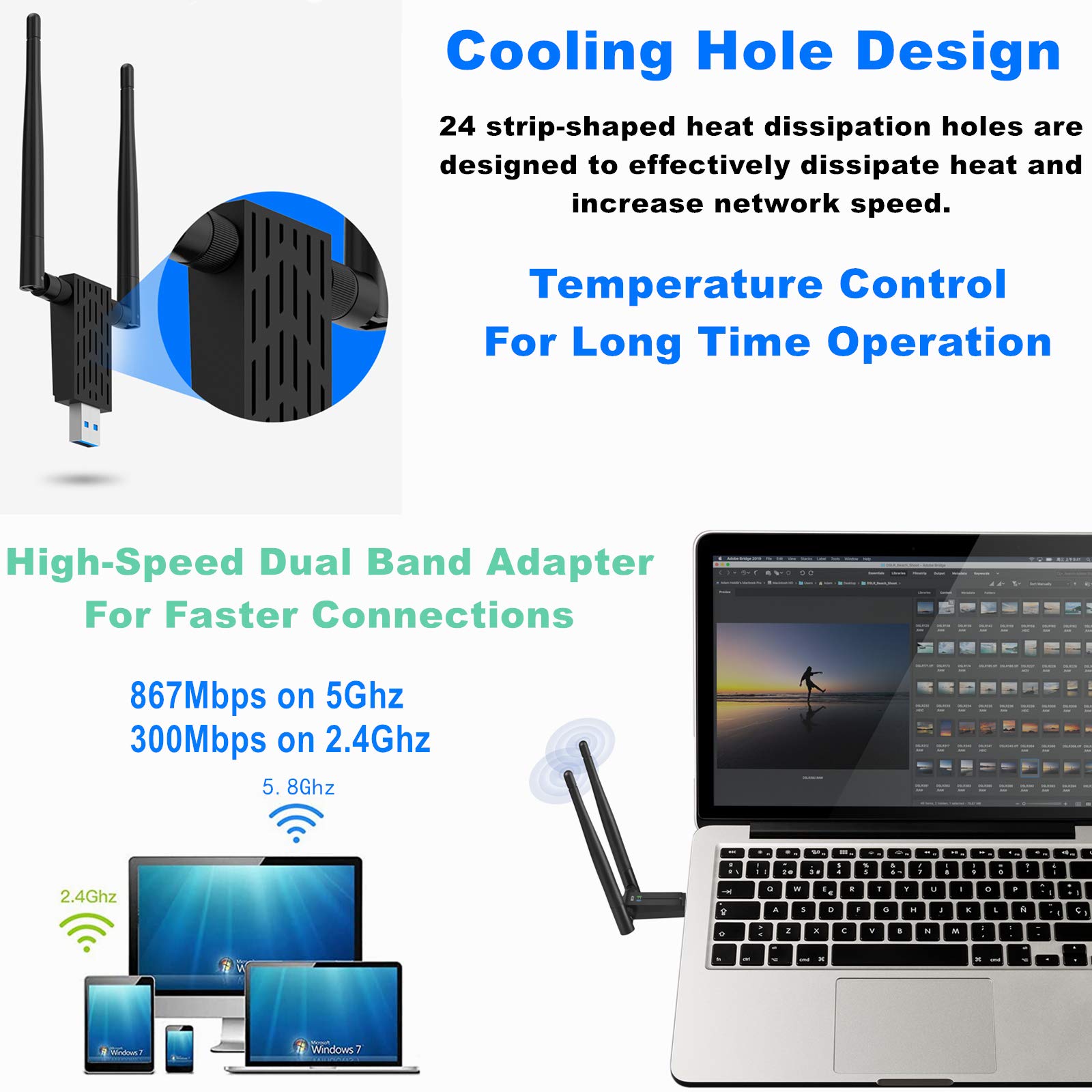 USB WiFi Adapter for PC, 1200Mbps USB 3.0 Dual Band 2.4Ghz/5Ghz WiFi Dongle with Dual High Gain 5dBi Antenna and USB3.0 Dock Wireless Network Adapter for Desktop/Laptop Supports Windows/Mac OS/Ubuntu