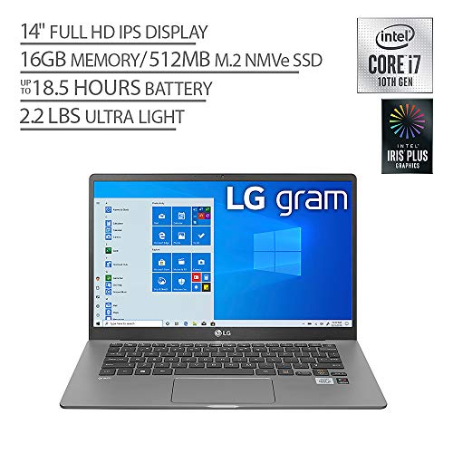 LG Gram Laptop - 14" Full HD IPS Display, Intel 10th Gen Core i7-1065G7 CPU, 16GB RAM, 512GB M.2 MVMe SSD, Thunderbolt 3, 18.5 Hour Battery Life - 14Z90N (2020)