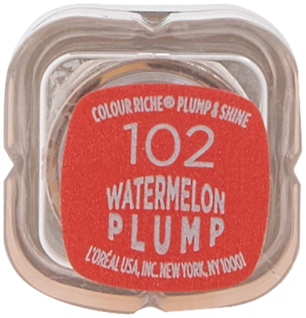 L'Oreal Paris Makeup Colour Riche Plump and Shine Lipstick, for Glossy, Radiant, Visibly Fuller Lips with an All-Day Moisturized Feel, Watermelon Plump, 0.1 oz.