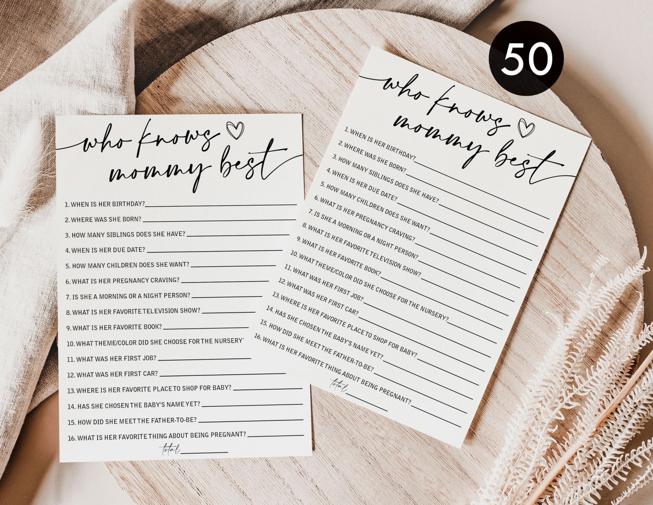 All Ewired Up Who Knows Mommy Best (50-Cards) Fun Baby Shower Game Activity, Gender Neutral Boy or Girl, Minimalist